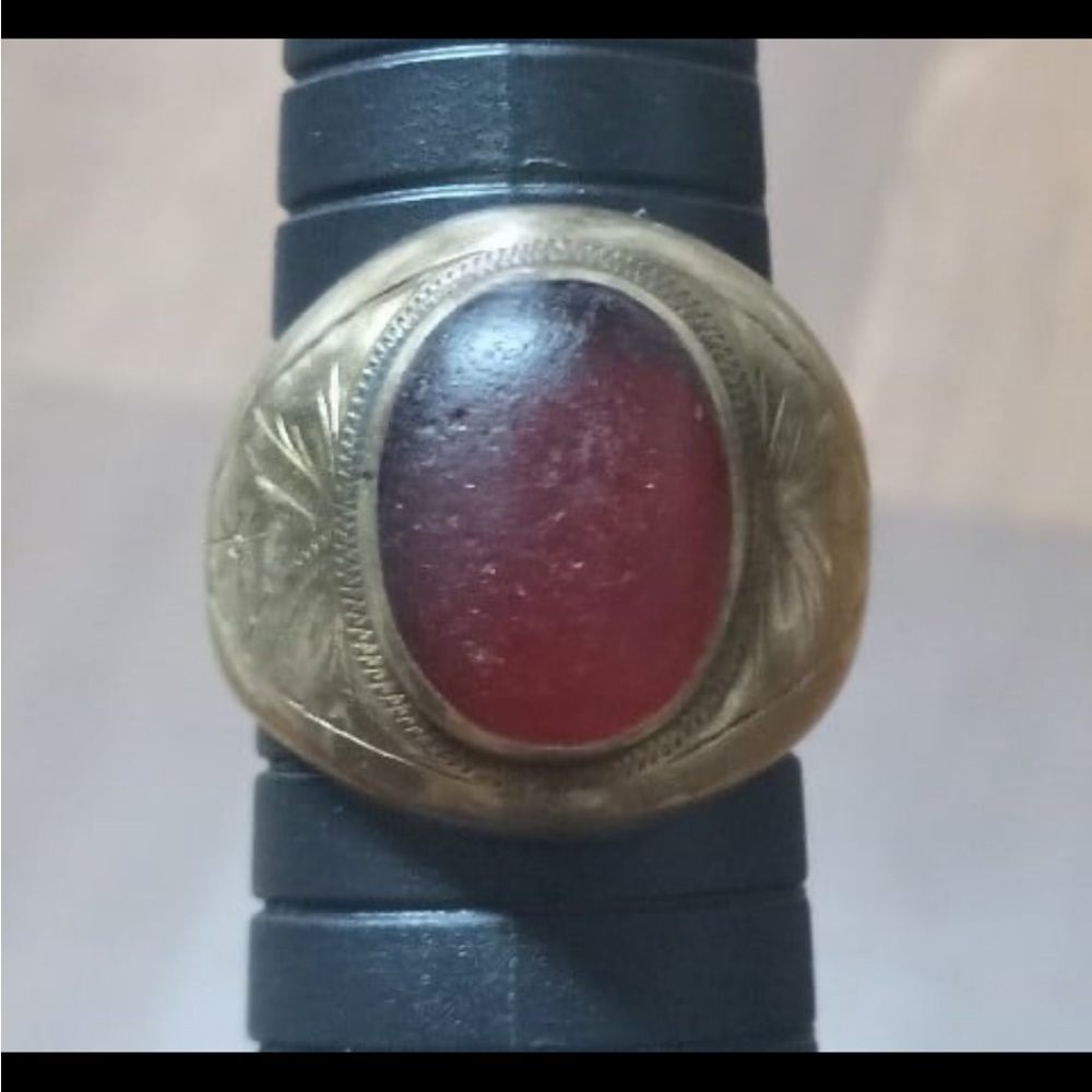 Antique K14 Hollow Gold Men's Ring ,Garnet Stone, Sta… - Gem